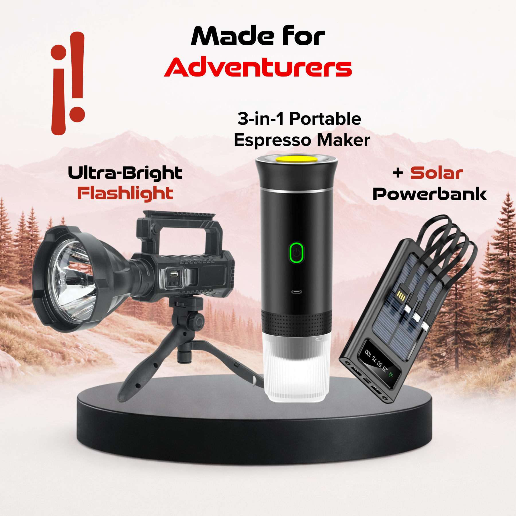 Powerful Flashlight + Solar Power Bank + 3-in-1 Portable Espresso Make ...